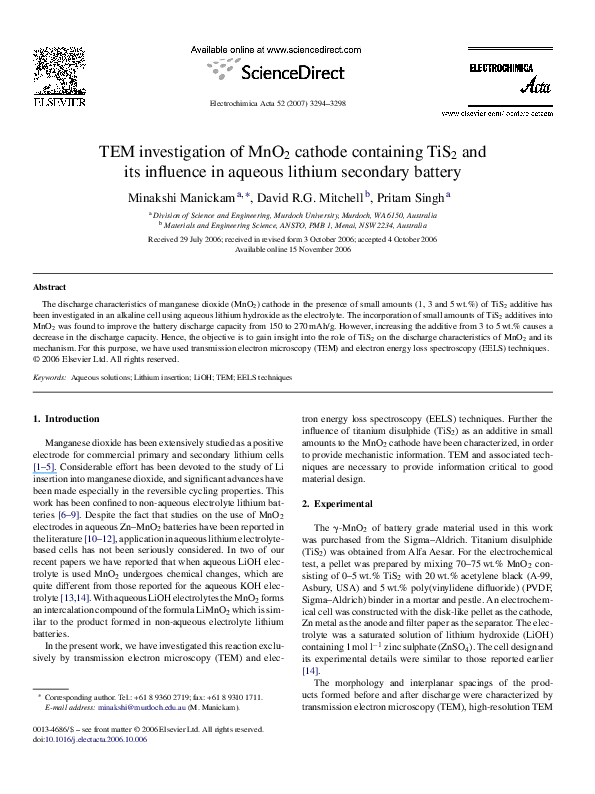 (PDF) TEM investigation of MnO2 cathode containing TiS2 and its ...