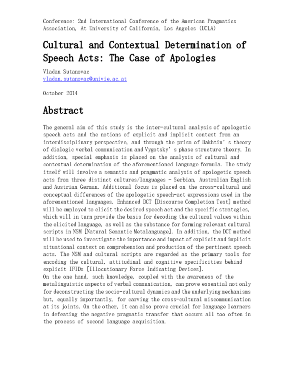 (PDF) Cultural and Contextual Determination of Speech Acts: The Case of Apologies