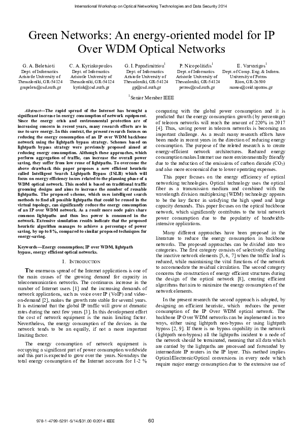 (PDF) Green networks: An energy-oriented model for IP over WDM optical networks | Manos ...