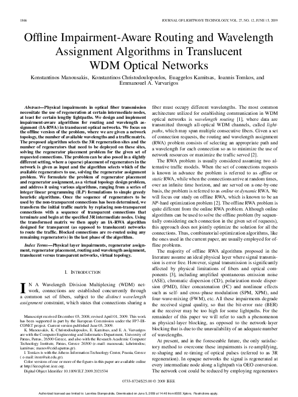 (PDF) Offline impairment-aware routing and wavelength assignment algorithms in translucent WDM ...