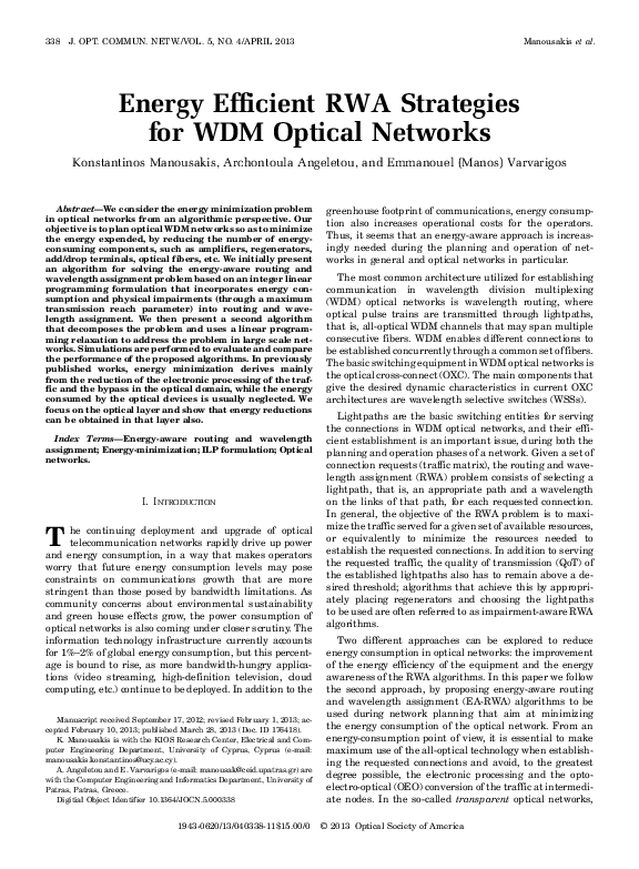 (PDF) Energy Efficient RWA Strategies for WDM Optical Networks | Manos Varvarigos - Academia.edu