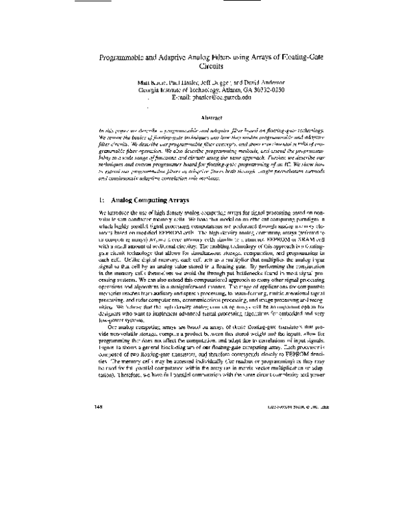 Pdf Programmable And Adaptive Analog Filters Using Arrays Of Floating Gate Circuits