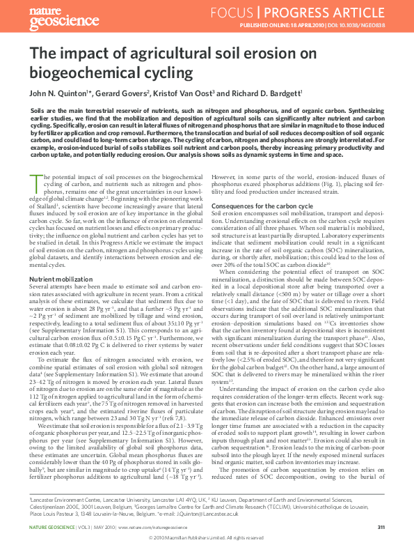 (PDF) The impact of agricultural soil erosion on biogeochemical cycling