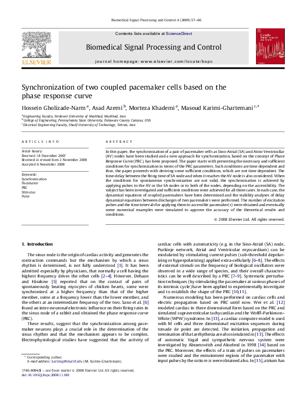 Pdf Synchronization Of Two Coupled Pacemaker Cells Based On The Phase
