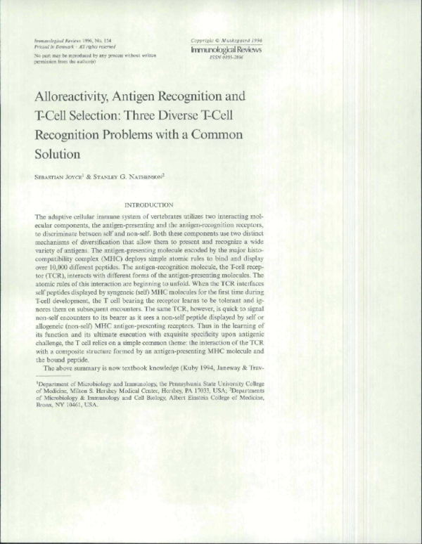 (PDF) Alloreactivity, Antigen Recognition and T-Cell Selection: Three ...