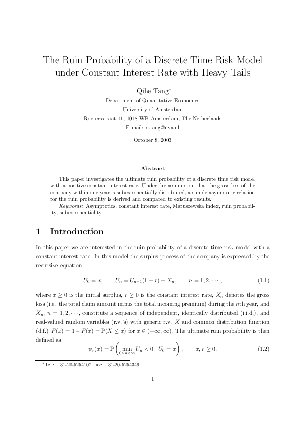 (PDF) The Ruin Probability of a Discrete Time Risk Model under Constant Interest Rate with Heavy ...