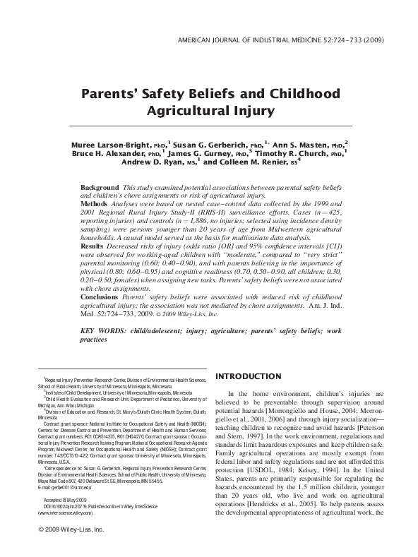 (PDF) Parents' safety beliefs and childhood agricultural injury