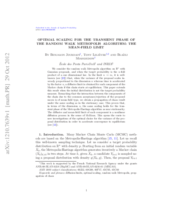 Pdf Optimal Scaling For The Transient Phase Of The Random Walk Metropolis Algorithm The Mean 4509