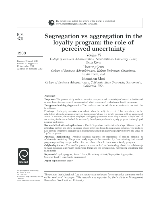 (PDF) Segregation vs aggregation in the loyalty program: the role of ...