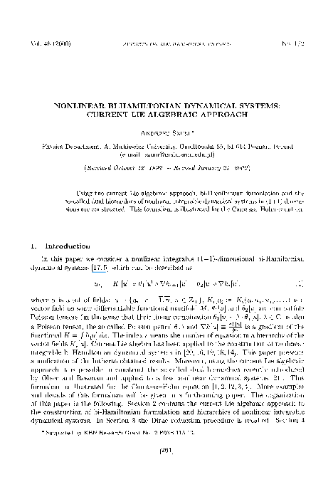 (PDF) Nonlinear bi-Hamiltonian dynamical systems: Current lie algebraic ...