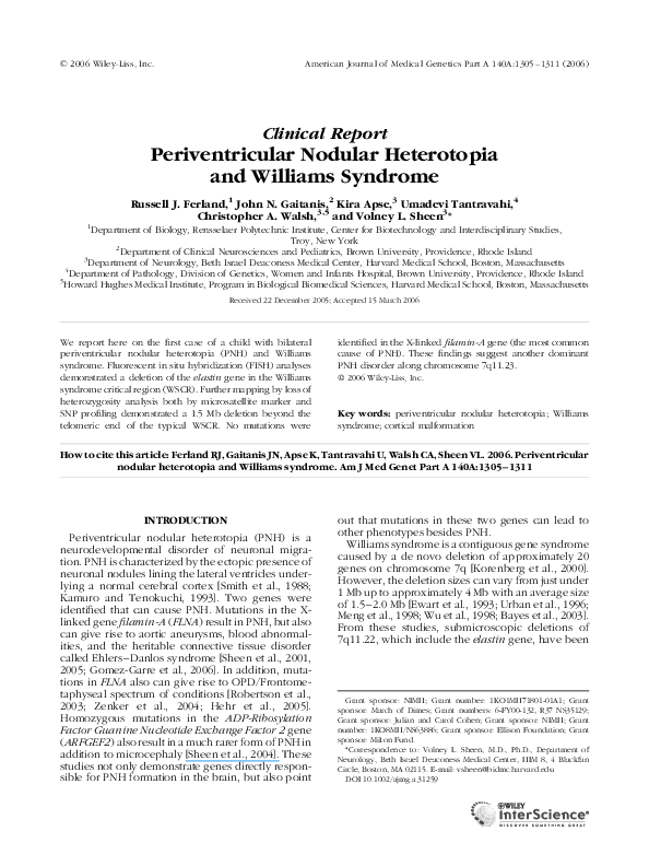 (PDF) Periventricular nodular heterotopia and Williams syndrome