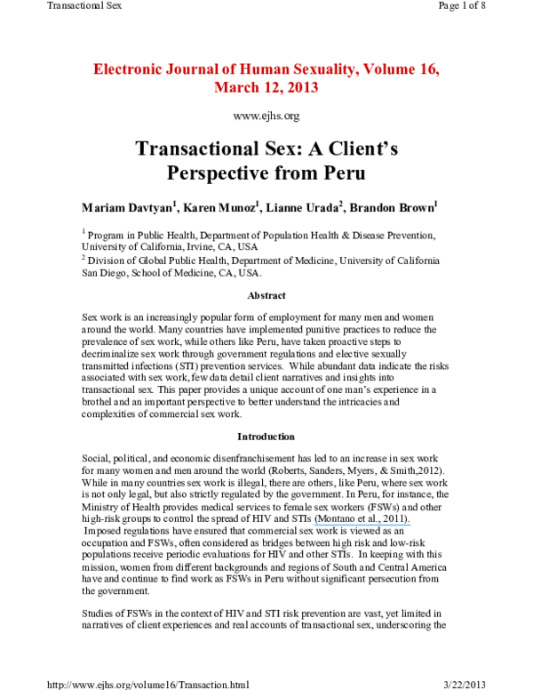 Pdf Transactional Sex Experience