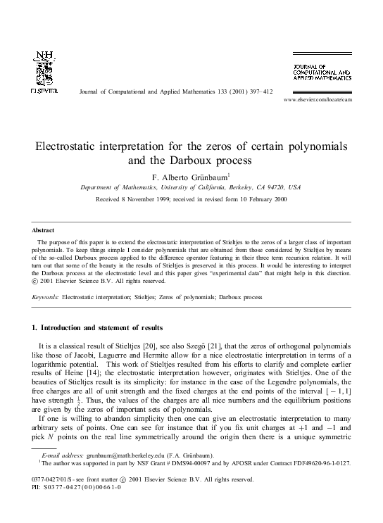 Pdf Electrostatic Interpretation For The Zeros Of Certain Polynomials And The Darboux Process