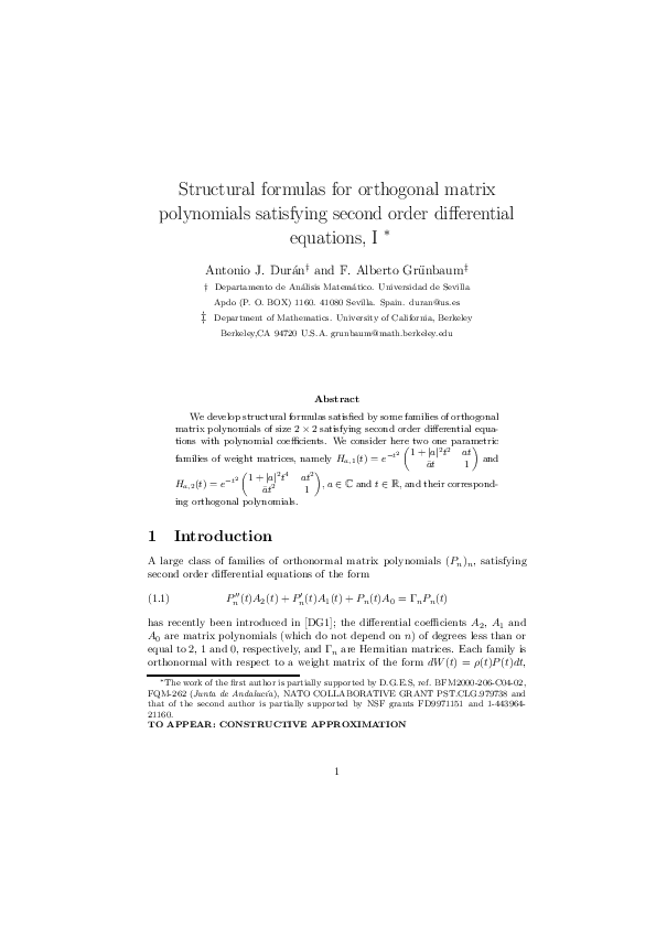 (PDF) Structural Formulas for Orthogonal Matrix Polynomials Satisfying Second-Order Differential ...