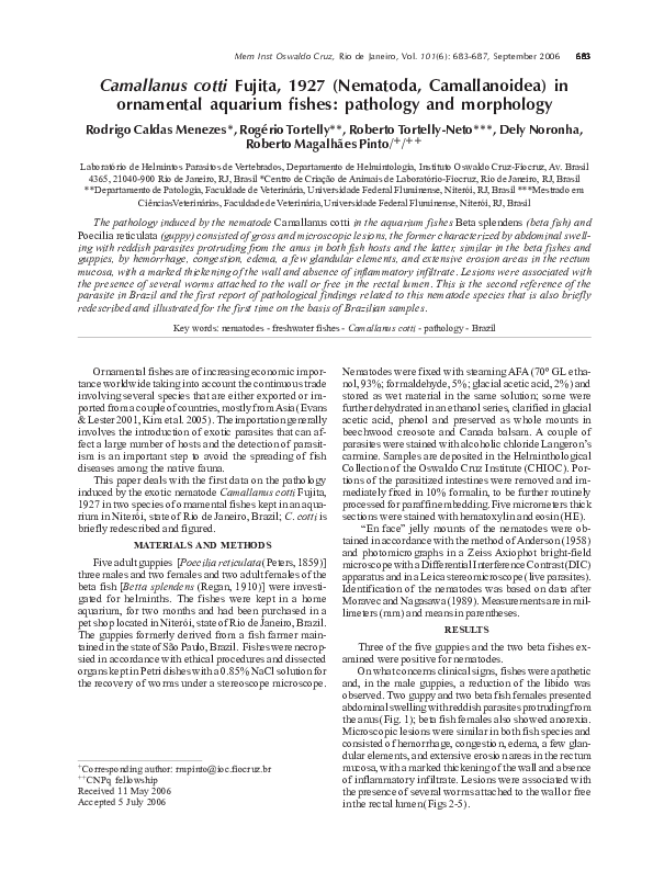 (PDF) Camallanus cotti Fujita, 1927 (Nematoda, Camallanoidea) in ...