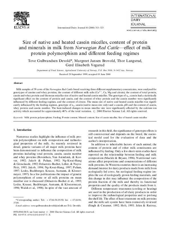 (PDF) Size of native and heated casein micelles, content of protein and ...