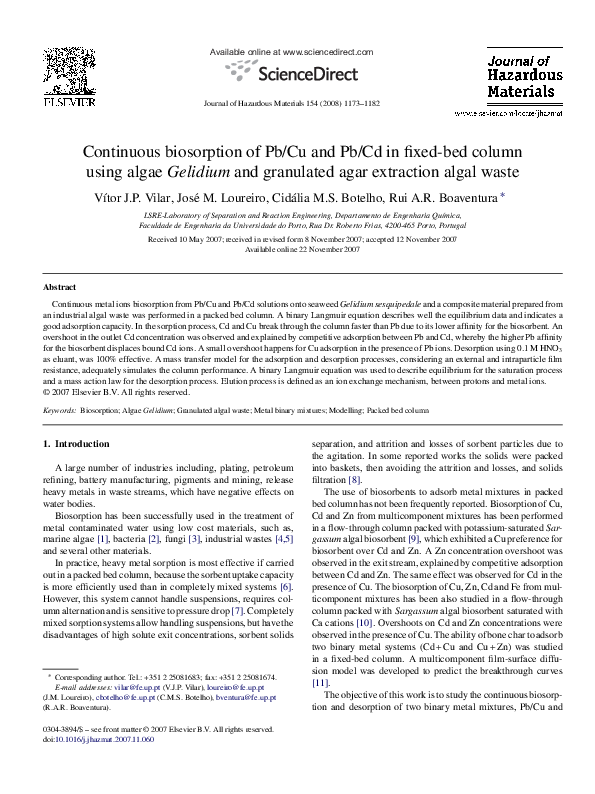 (PDF) Continuous biosorption of Pb/Cu and Pb/Cd in fixed-bed column ...