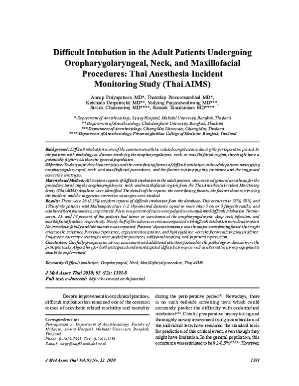 (PDF) Difficult intubation in the adult patients undergoing ...