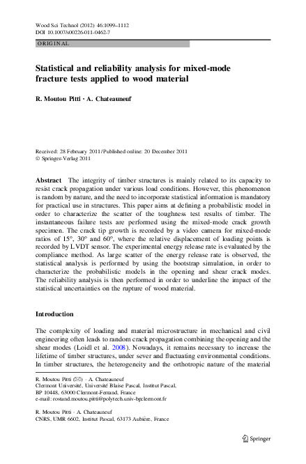 (PDF) Statistical and reliability analysis for mixed-mode fracture ...