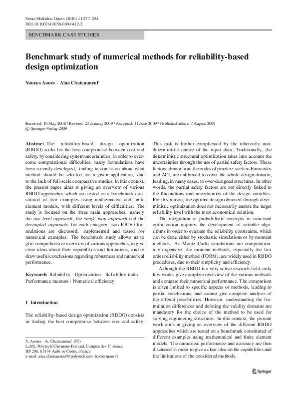 (PDF) Benchmark study of numerical methods for reliability-based design optimization