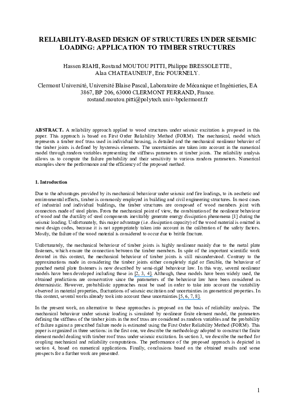 Pdf Reliability Based Design Of Structures Under Seismic Loading Application To Timber Structures