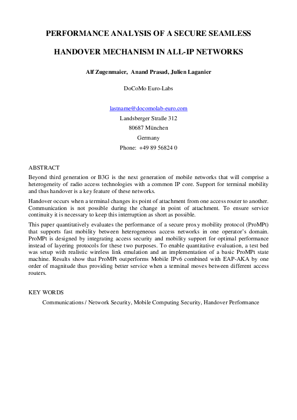 (PDF) PERFORMANCE ANALYSIS OF A SECURE SEAMLESS HANDOVER MECHANISM IN ALL-IP NETWORKS
