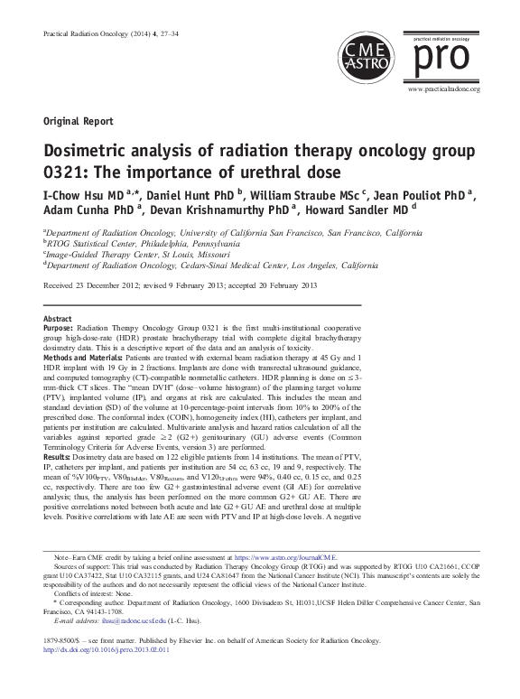 (PDF) Dosimetric analysis of radiation therapy oncology group 0321: The importance of urethral dose
