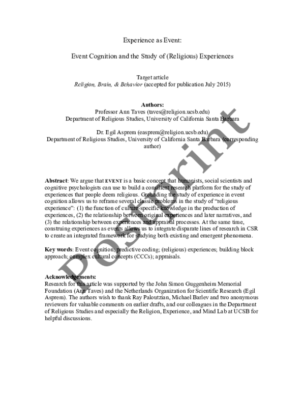 (PDF) Experience as Event: Event Cognition and the Study of (Religious ...