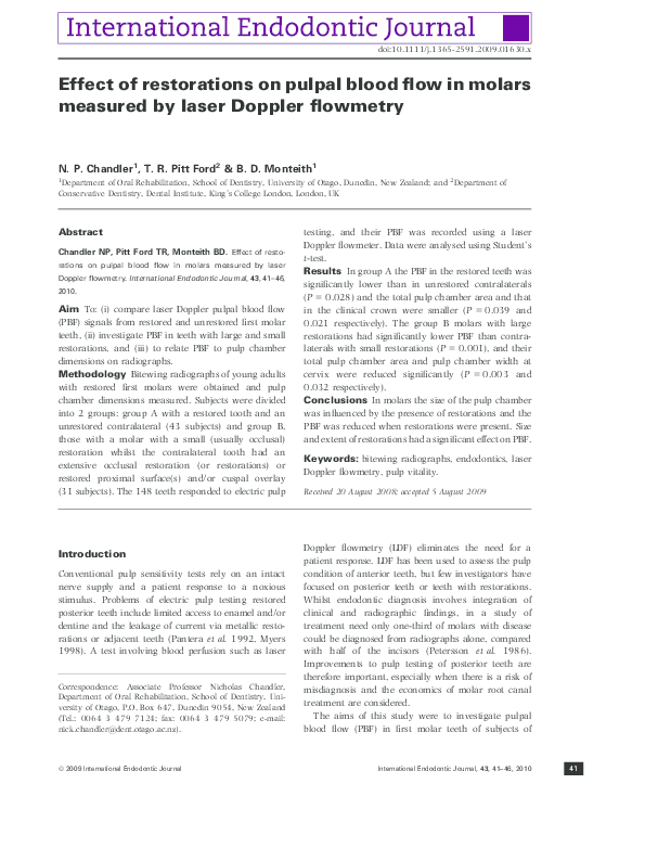(PDF) Effect of restorations on pulpal blood flow in molars measured by ...