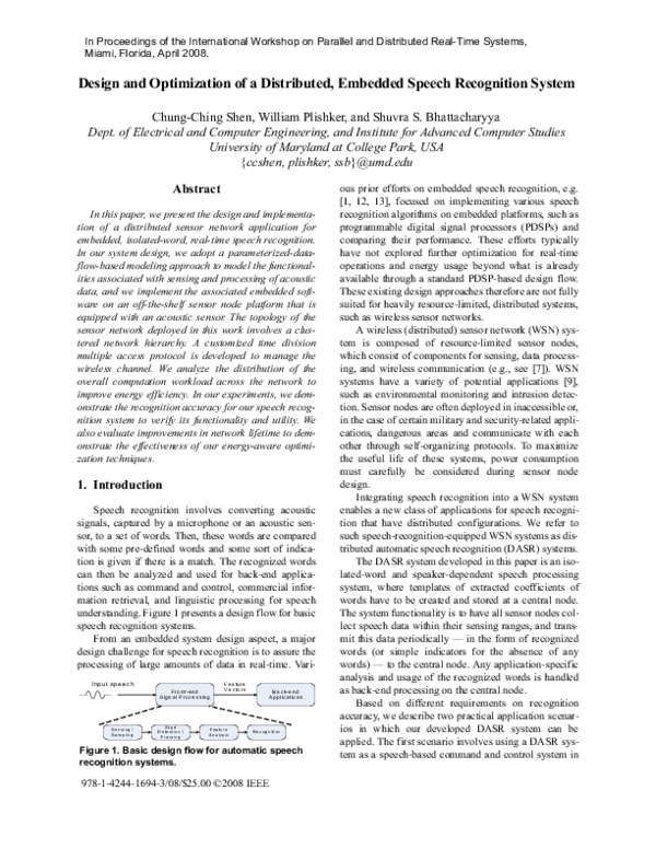 Pdf Design And Optimization Of A Distributed Embedded Speech Recognition System William