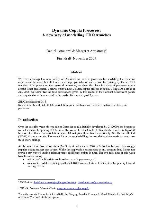 (PDF) Dynamic Copula Processes: A new Way of Modelling CDO Tranches