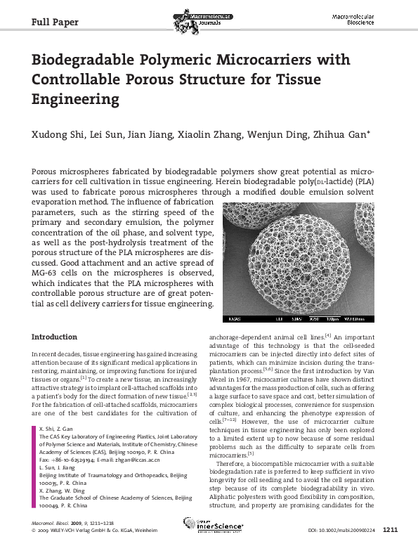 (PDF) Biodegradable Polymeric Microcarriers with Controllable Porous ...