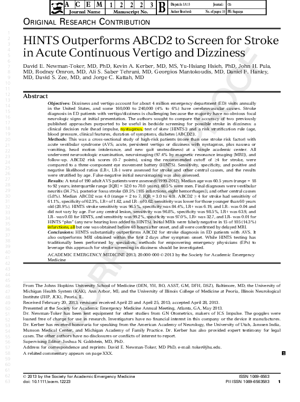 (PDF) HINTS Outperforms ABCD2 to Screen for Stroke in Acute Continuous ...