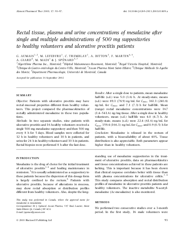 (PDF) Rectal tissue, plasma and urine concentrations of mesalazine ...