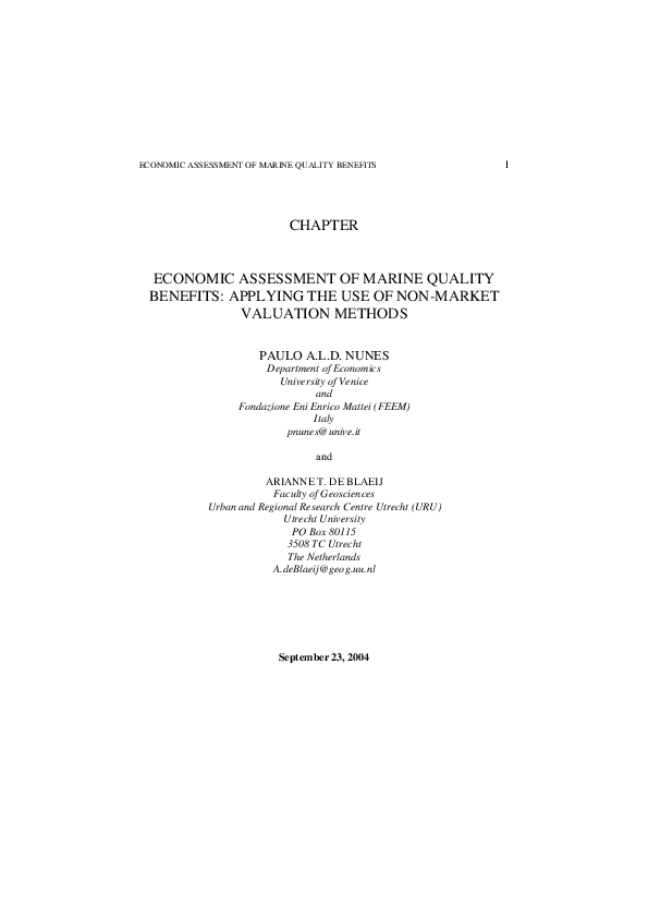 (PDF) Economic Assessment of Marine Quality Benefits: Applying the Use ...