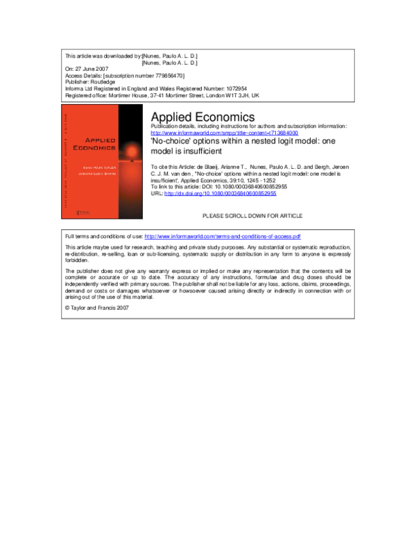 Pdf ‘no Choice Options Within A Nested Logit Model One Model Is Insufficient Paulo Ald 
