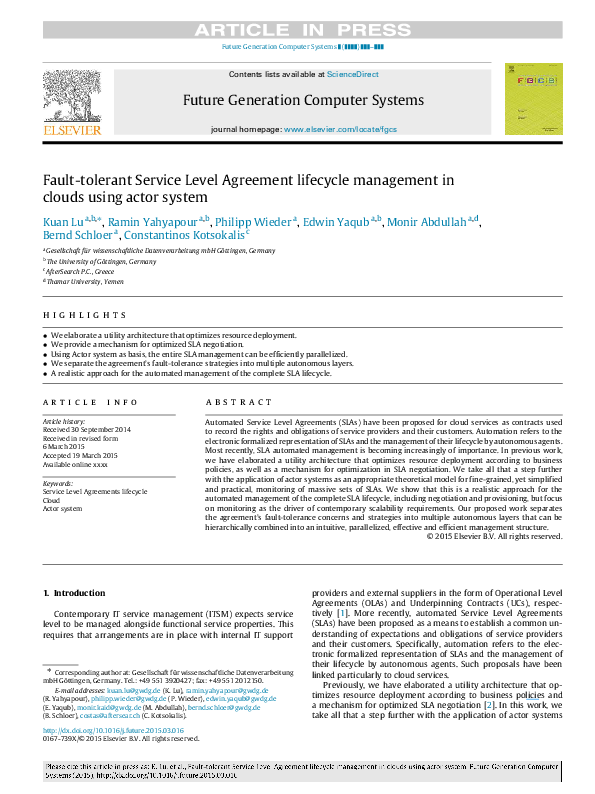 (PDF) Fault-tolerant Service Level Agreement lifecycle management in ...