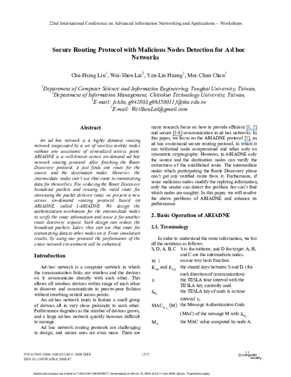 Pdf Secure Routing Protocol With Malicious Nodes Detection For Ad Hoc Networks Wei Shen Lai