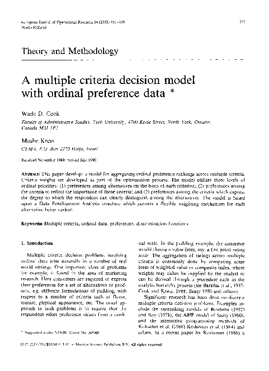 Pdf A Multiple Criteria Decision Model With Ordinal Preference Data 1