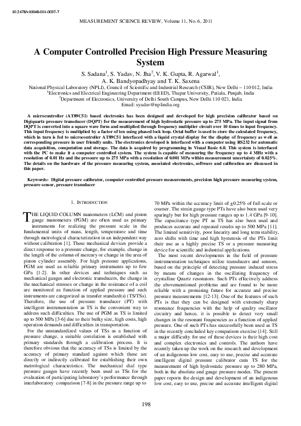 (PDF) A Computer Controlled Precision High Pressure Measuring System