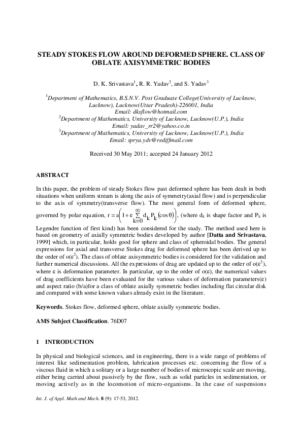 (PDF) STEADY STOKES FLOW AROUND DEFORMED SPHERE. CLASS OF OBLATE AXISYMMETRIC BODIES