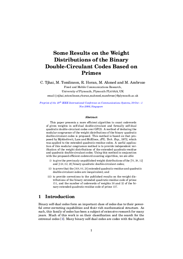 Pdf Some Results On The Weight Distributions Of The Binary Double Circulant Codes Based On Primes