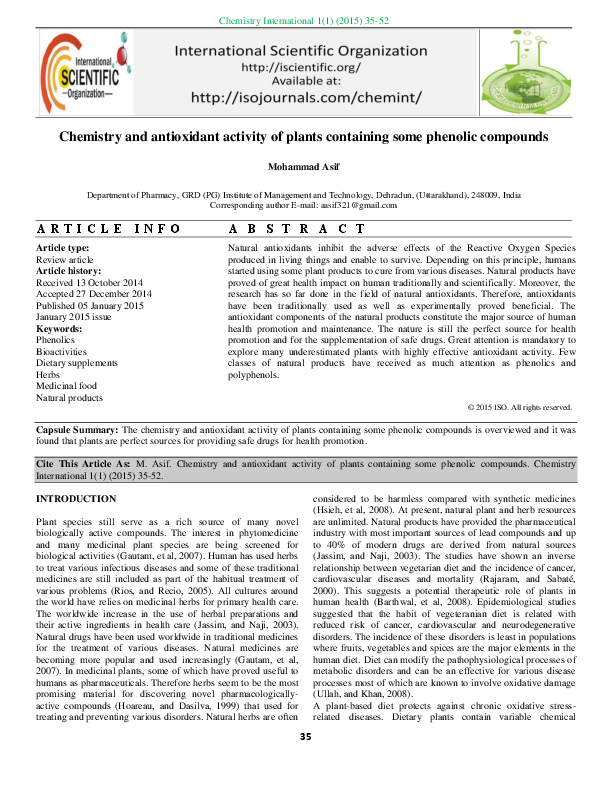 (PDF) Chemistry and antioxidant activity of plants containing some phenolic compounds