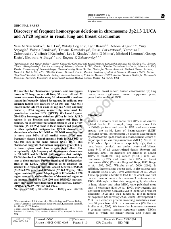 (PDF) Discovery of frequent homozygous deletions in chromosome 3p21.3 ...