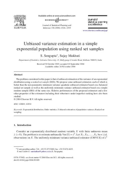 Pdf Unbiased Variance Estimation In A Simple Exponential Population Using Ranked Set Samples