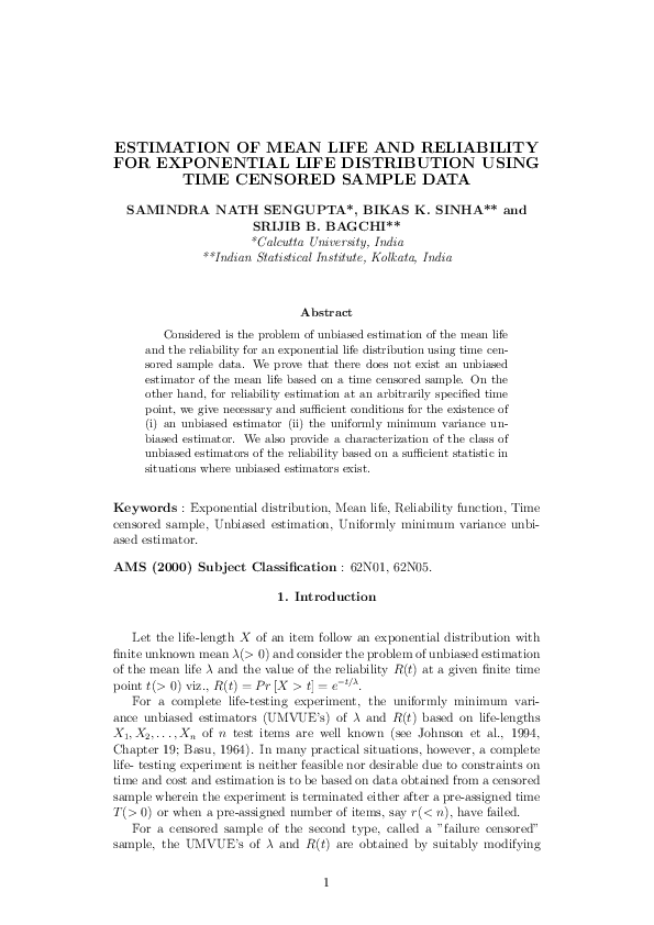 Pdf Estimation Of Mean Life And Reliability For Exponential Life Distribution Using Time