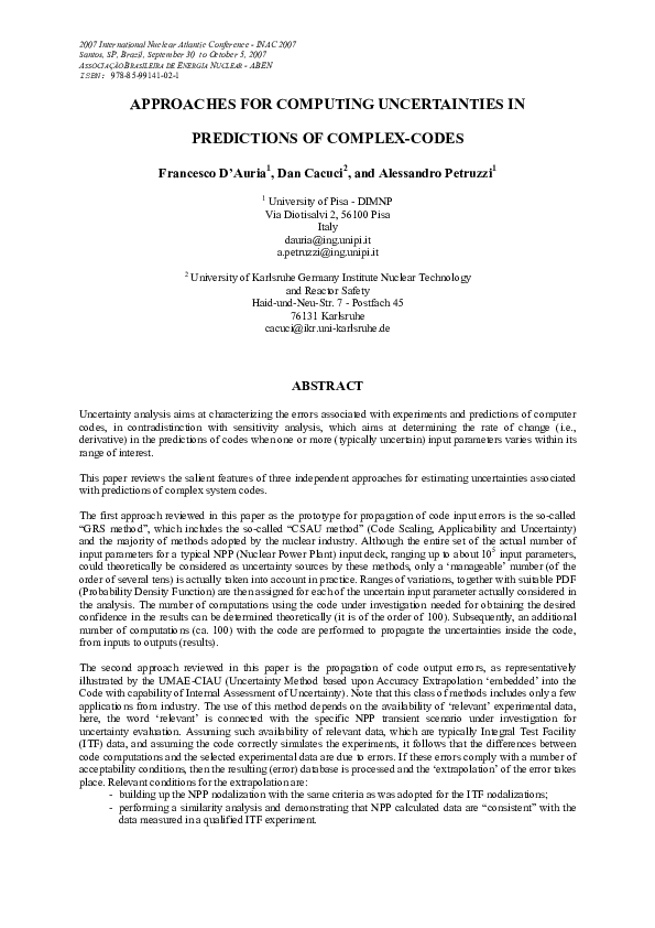 (PDF) APPROACHES FOR COMPUTING UNCERTAINTIES IN PREDICTIONS OF COMPLEX-CODES