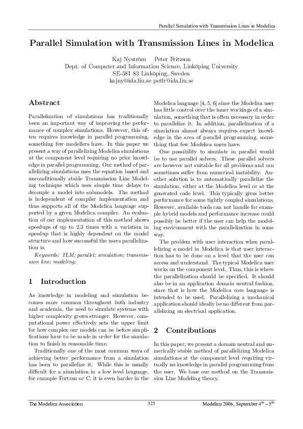 (PDF) Parallel simulation with transmission lines in Modelica | Peter Fritzson - Academia.edu