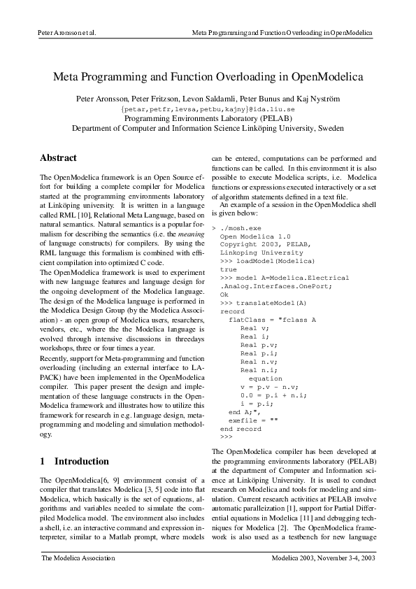 (PDF) Meta Programming and Function Overloading in OpenModelica