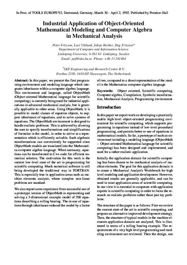 (PDF) Industrial application of object-oriented mathematical modeling and computer algebra in ...